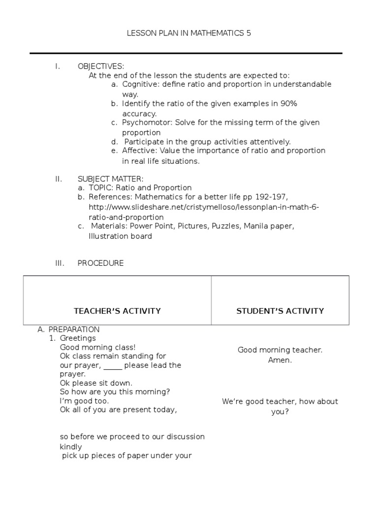 A Detailed Lesson Plan in Mathematics 5 | PDF | Ratio | Fraction ...