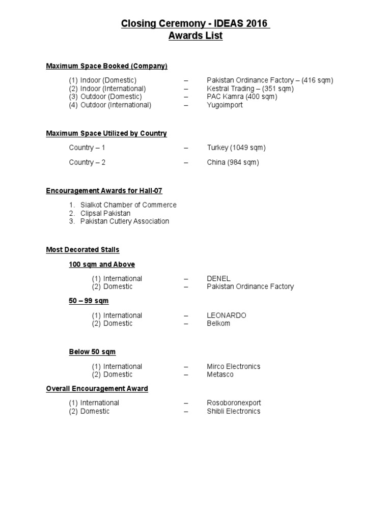 Closing Ceremony - Awards List | PDF | Science & Mathematics | Computers