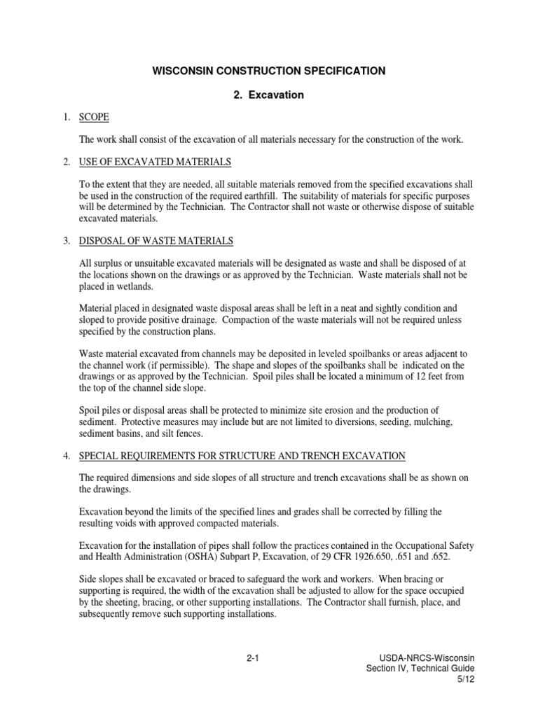 Wisconsin Construction Specification 2. Excavation: 2-1 USDA-NRCS-Wisconsin Section IV ...
