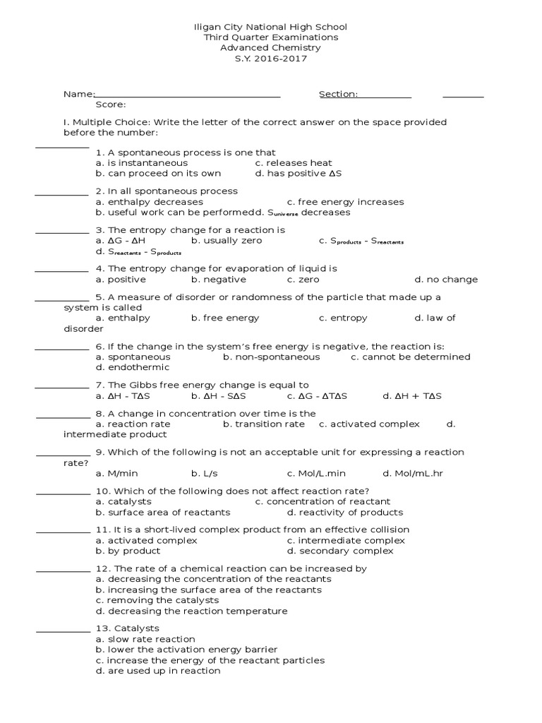 Test Paper | PDF | Chemical Equilibrium | Chemical Reactions