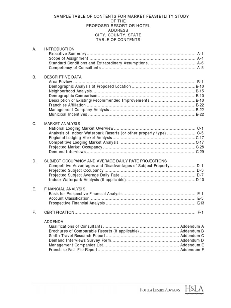 Sample Table of Contents For Market Feasibility Study of The Proposed ...
