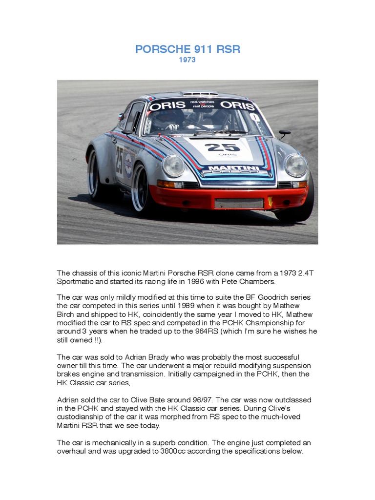 Porsche 911 RSR Specs | PDF | Road Vehicles | Wheeled Vehicles