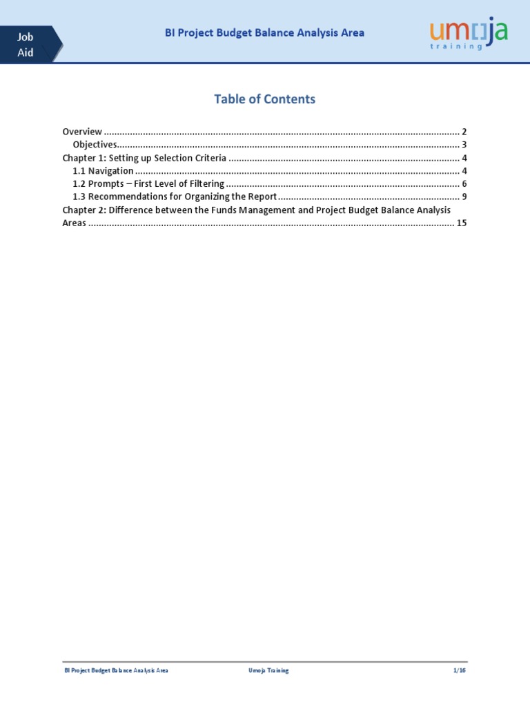 Umoja - Job Aid - BI Project Budget Balance Analysis Area - v2 | PDF ...