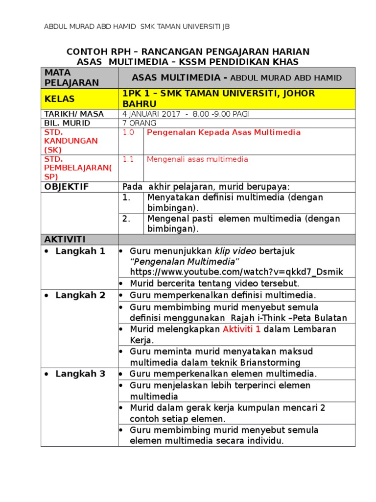 RPH - Asas Multimedia KSSM Pendidikan Khas - Abdul Murad Abd Hamid ...