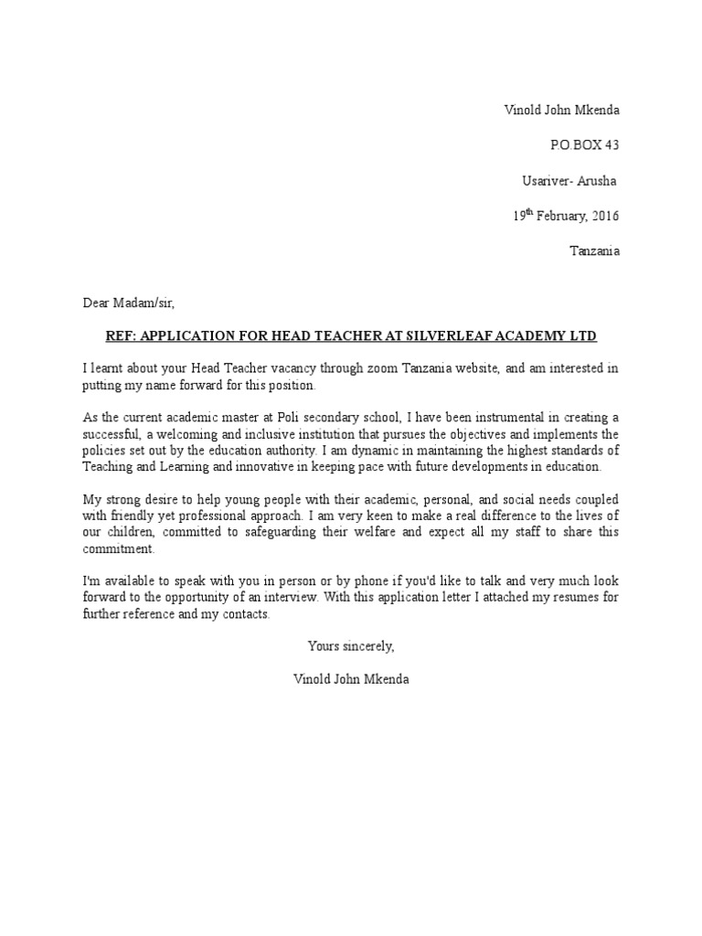 application latter for Head Teacher
