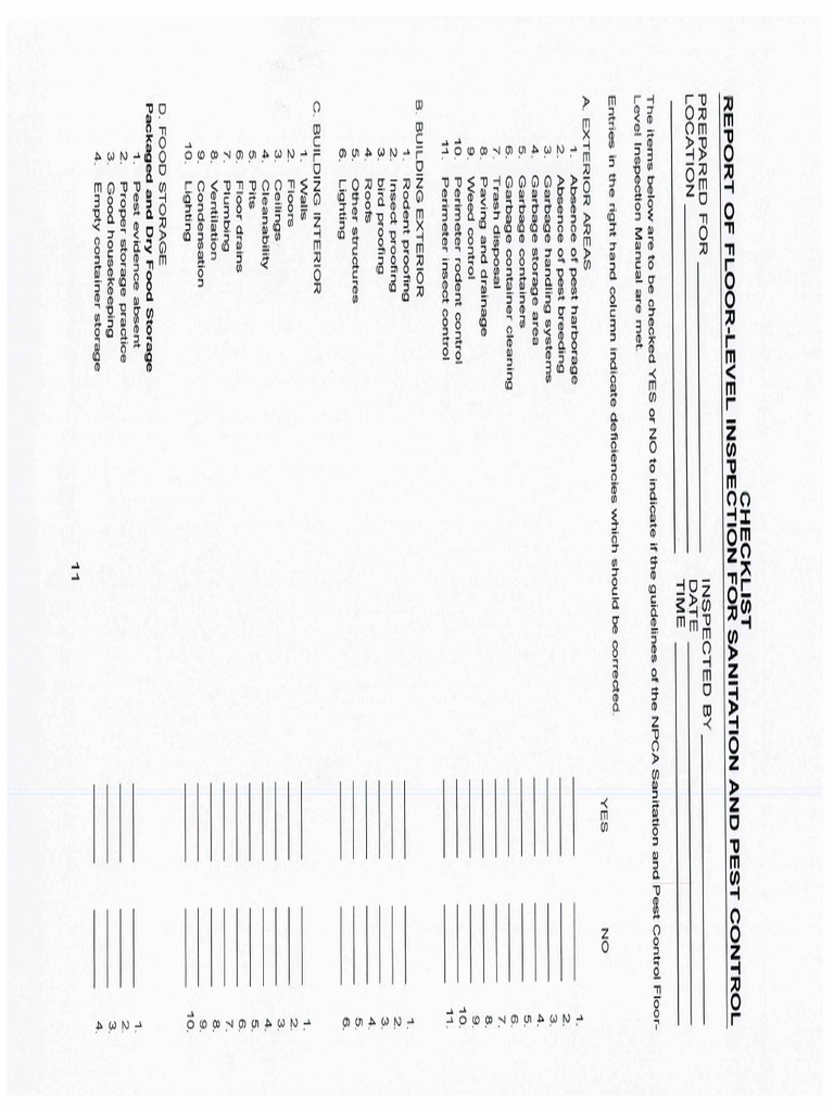 Pest Control Sanitation Checklist