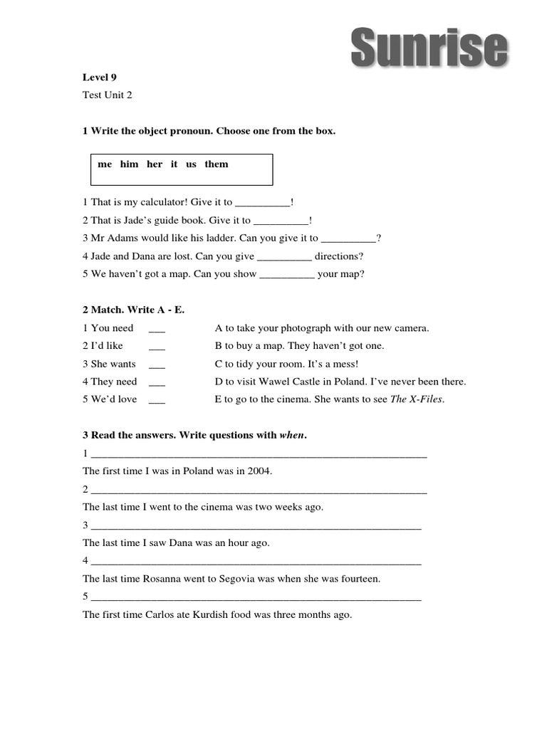 Sunrise Level 9 Lesson 2 Unit Test | PDF | Leisure
