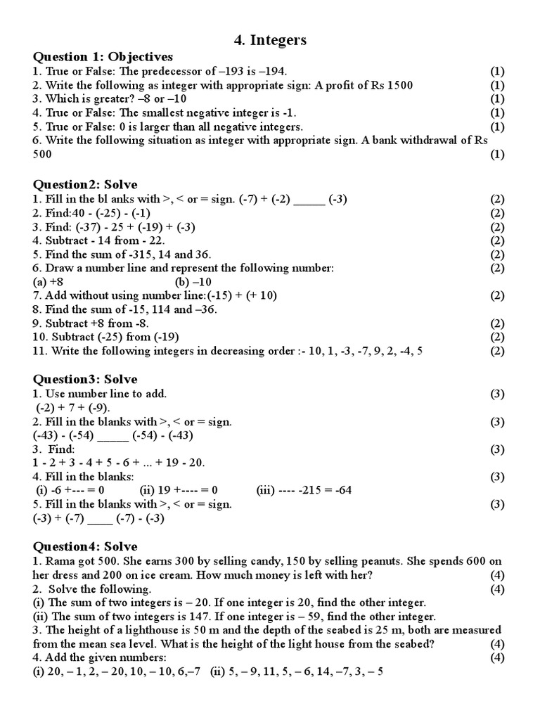 Test On Integer and Whole Number | PDF | Natural Number | Mathematical ...