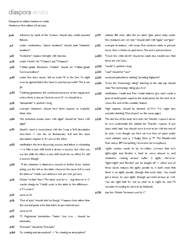 Diaspora RPG Errata Summary | PDF