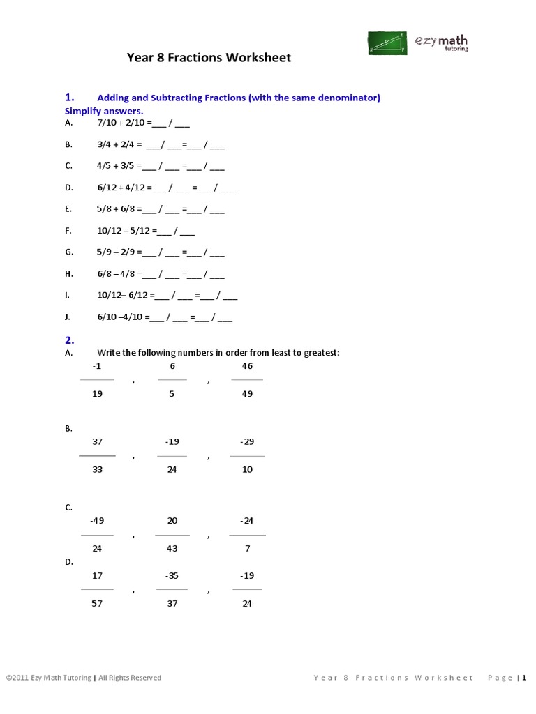 Year 8 Fractions Worksheet | PDF