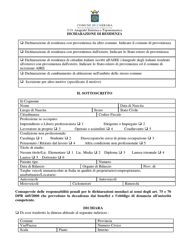 Cambio Di Residenza | PDF