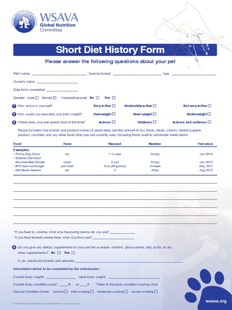 Short Diet History Form: Please Answer The Following Questions About ...