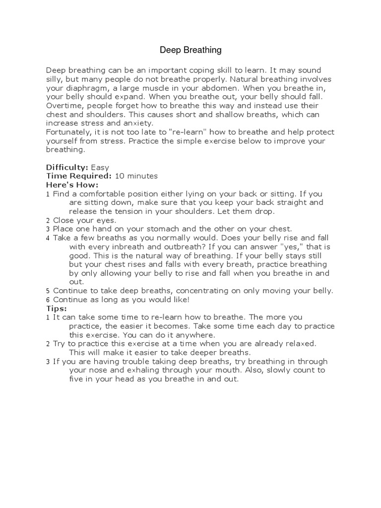 Deep Breathing: Difficulty: Easy Time Required: 10 Minutes Here's How | PDF