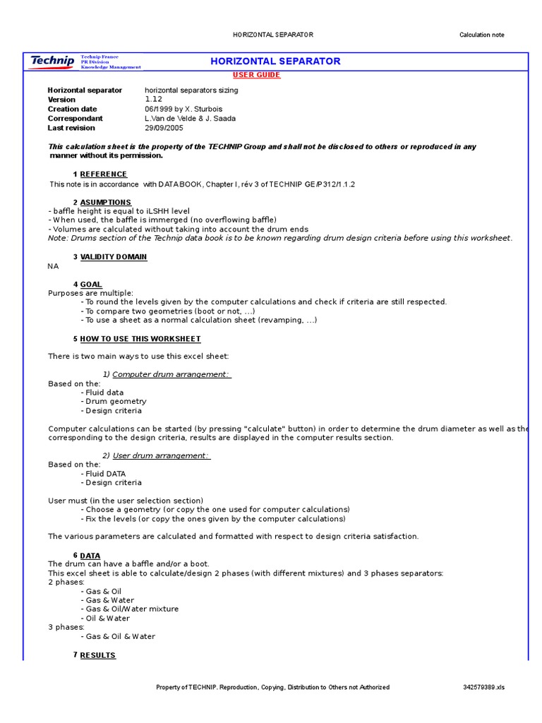 Horizontal separator sizing calculation note | PDF | Microsoft Excel | Gases