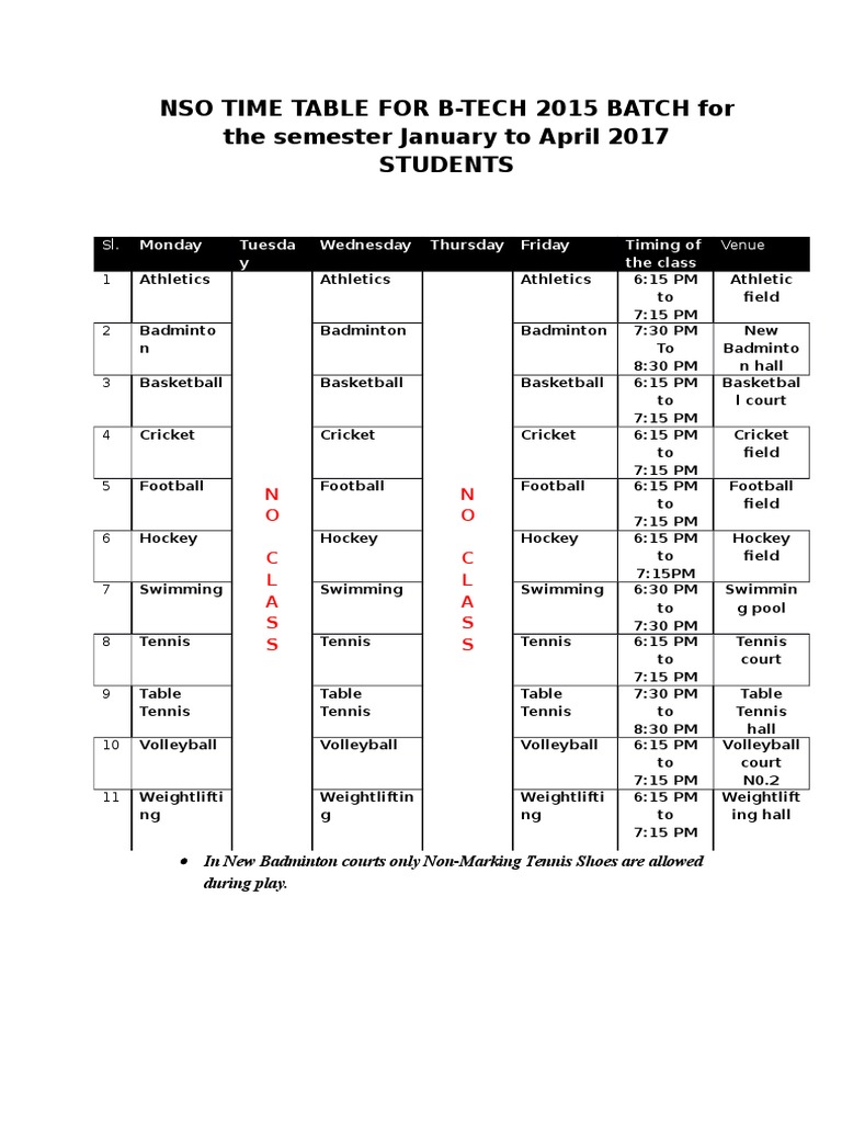 NSO Time Table & Calender 2017 | PDF