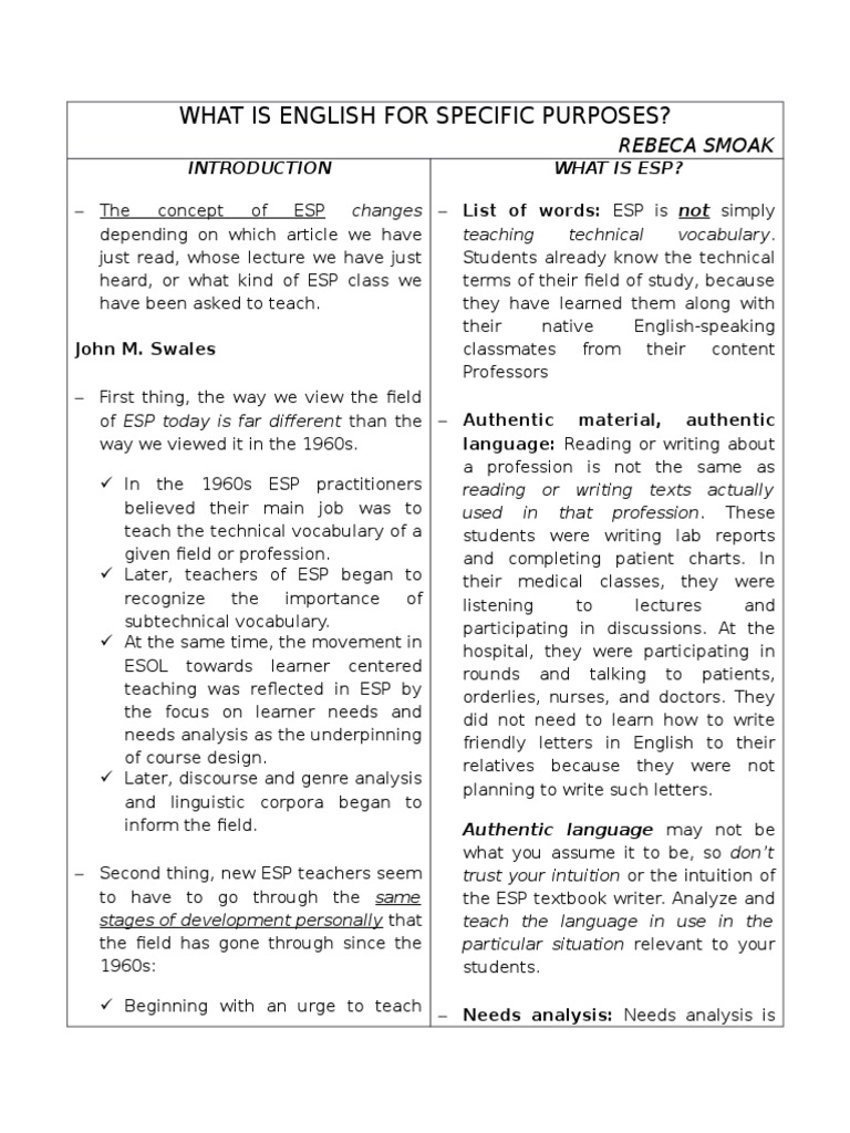 What Is English For Specific Purposes PDF Vocabulary English Language