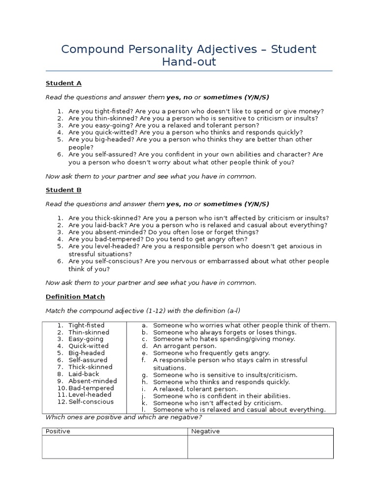 Compound Personality Adjectives Handout | PDF