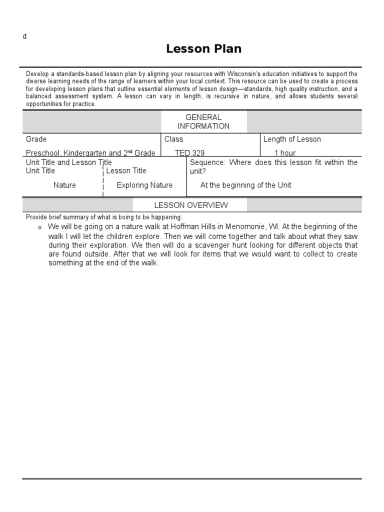 nature lesson plan | Lesson Plan | Educational Assessment