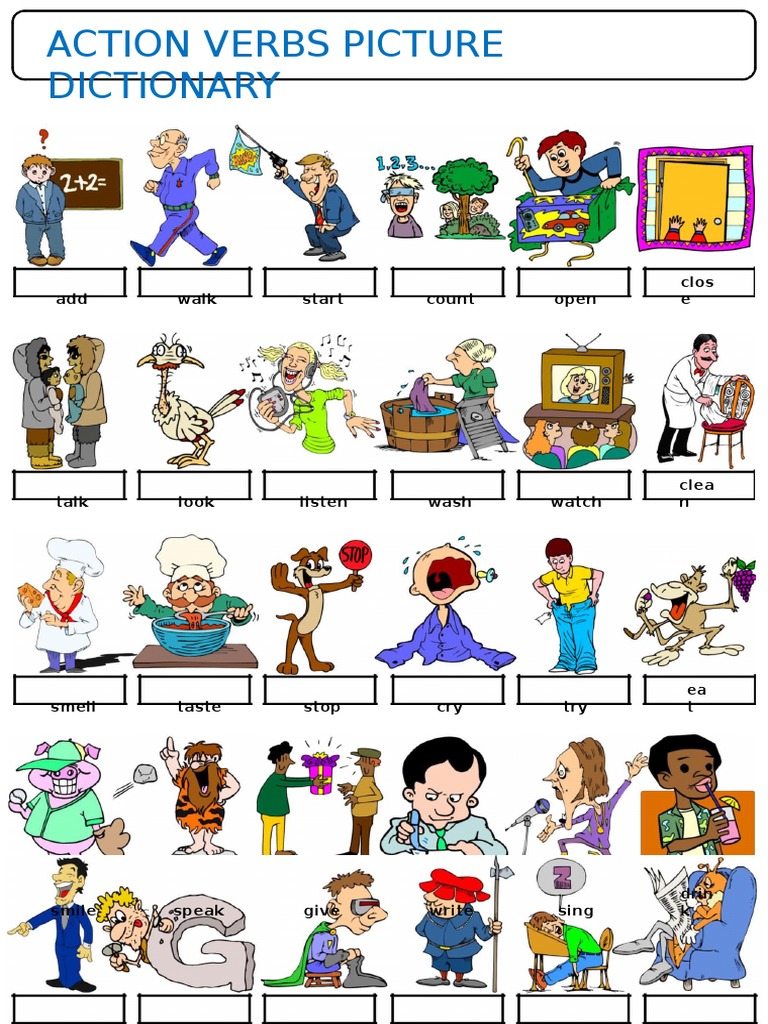 Action Verbs Esl Vocabulary Picture Dictionary Worksheet For Kids | PDF
