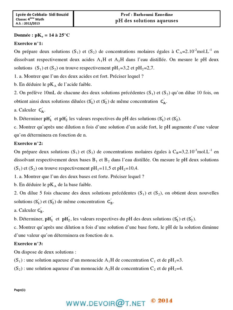 Série Corrigée N°7 - Chimie Série PH Des Solutions Aqueuses - Bac ...