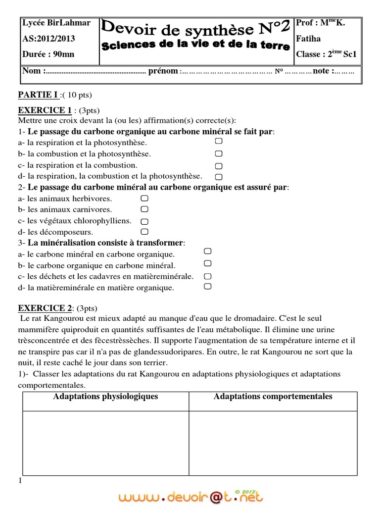 PDF) Devoir Corrige De Synthese N3 SVT 2eme Sciences 2010, 56% OFF