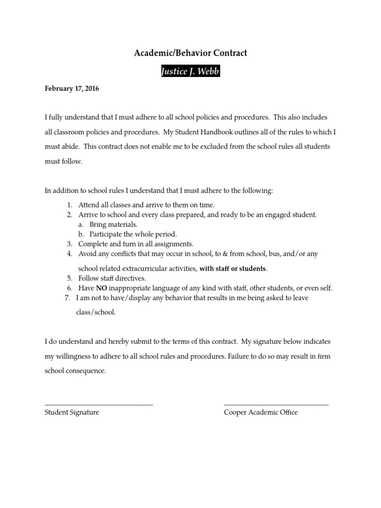 Academic Behavior Contract Cooper | PDF