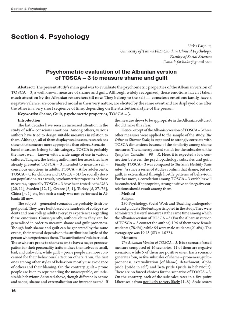 Psychometric Evaluation of The Albanian Version of Tosca 3 To Measure ...