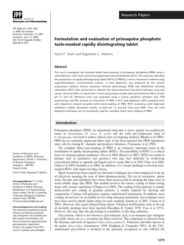 Formulation and Evaluation of Primaquine Phosphate Taste-Masked Rapidly ...