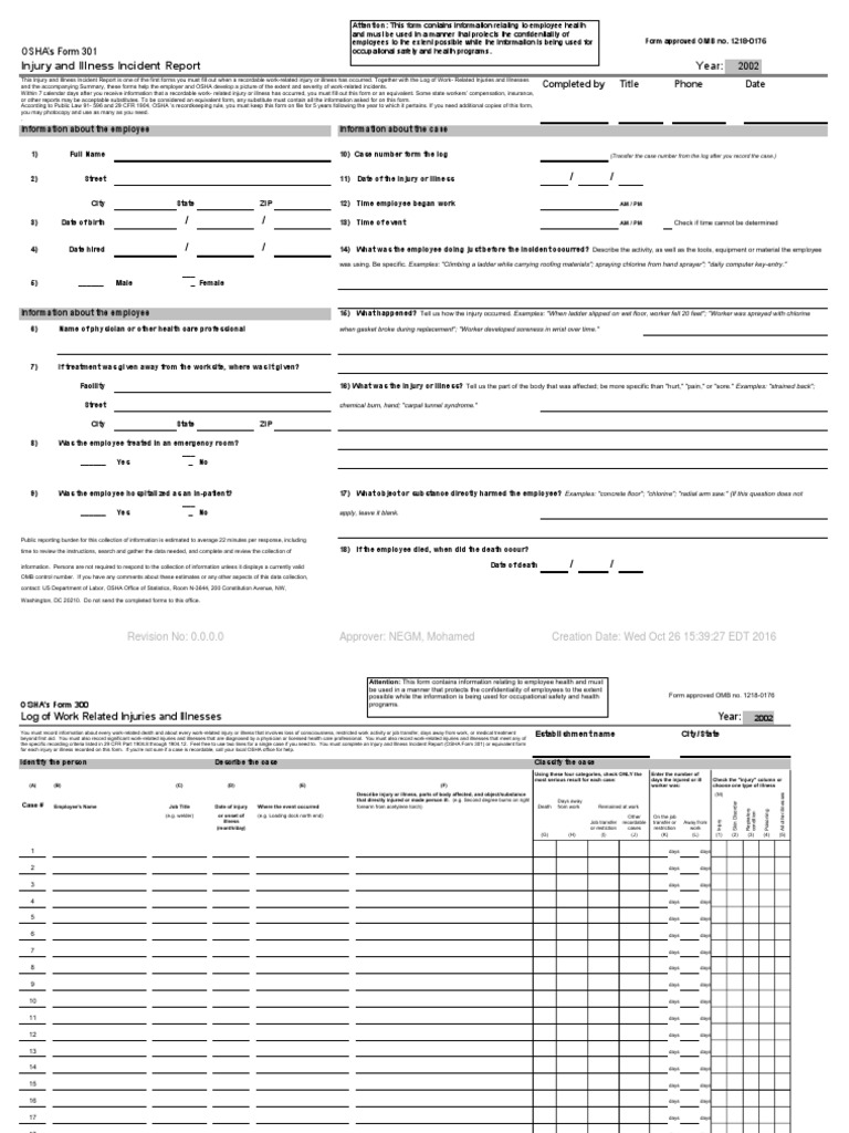 OSHA - Injury and Illness Incident Report | PDF | Occupational Safety ...