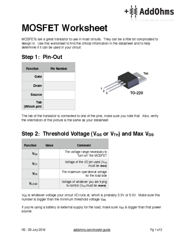 MOSFET Worksheet: Step 1: Pin-Out | PDF