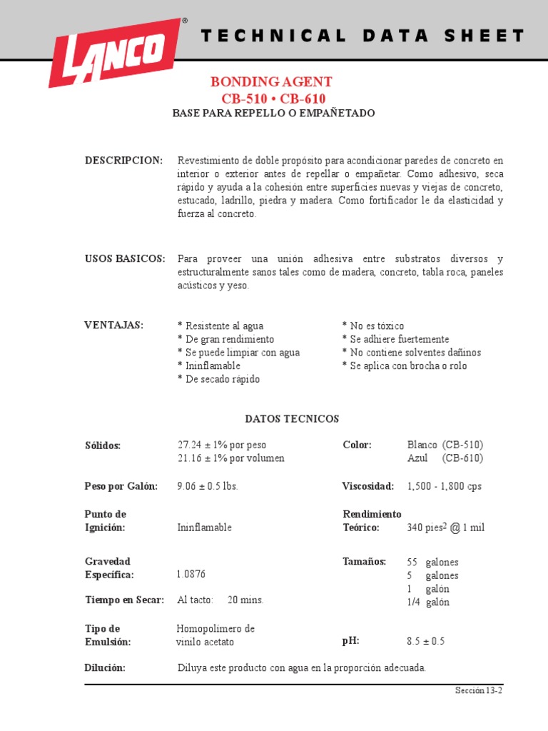 TDS Bonding Agent CB510 SP | PDF | Hormigón | Agua