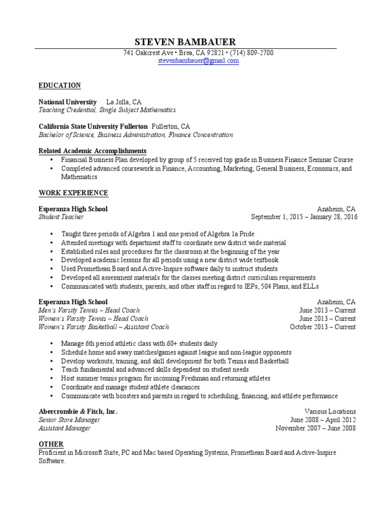 Steven Bambauer: Educator & Coach Resume | PDF | Career & Growth