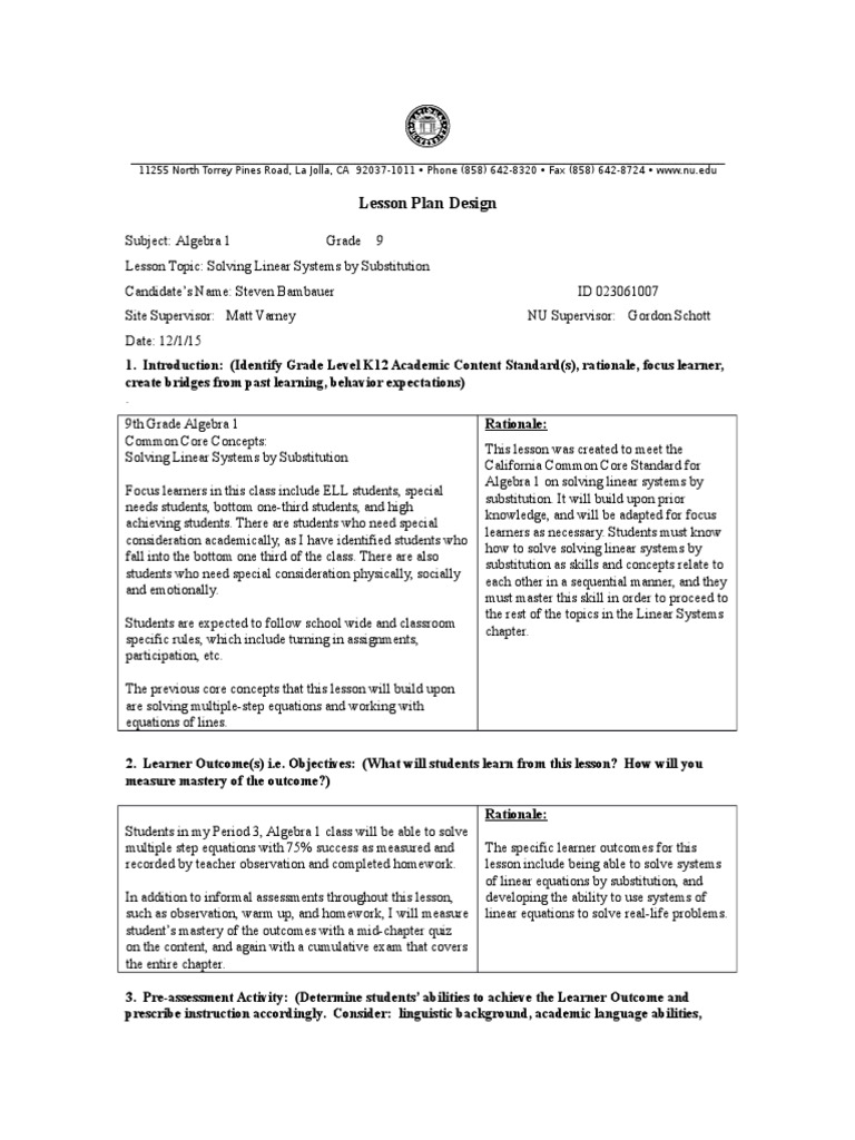 Algebra 1 Lesson Plan: Linear Systems | PDF | Educational Assessment ...