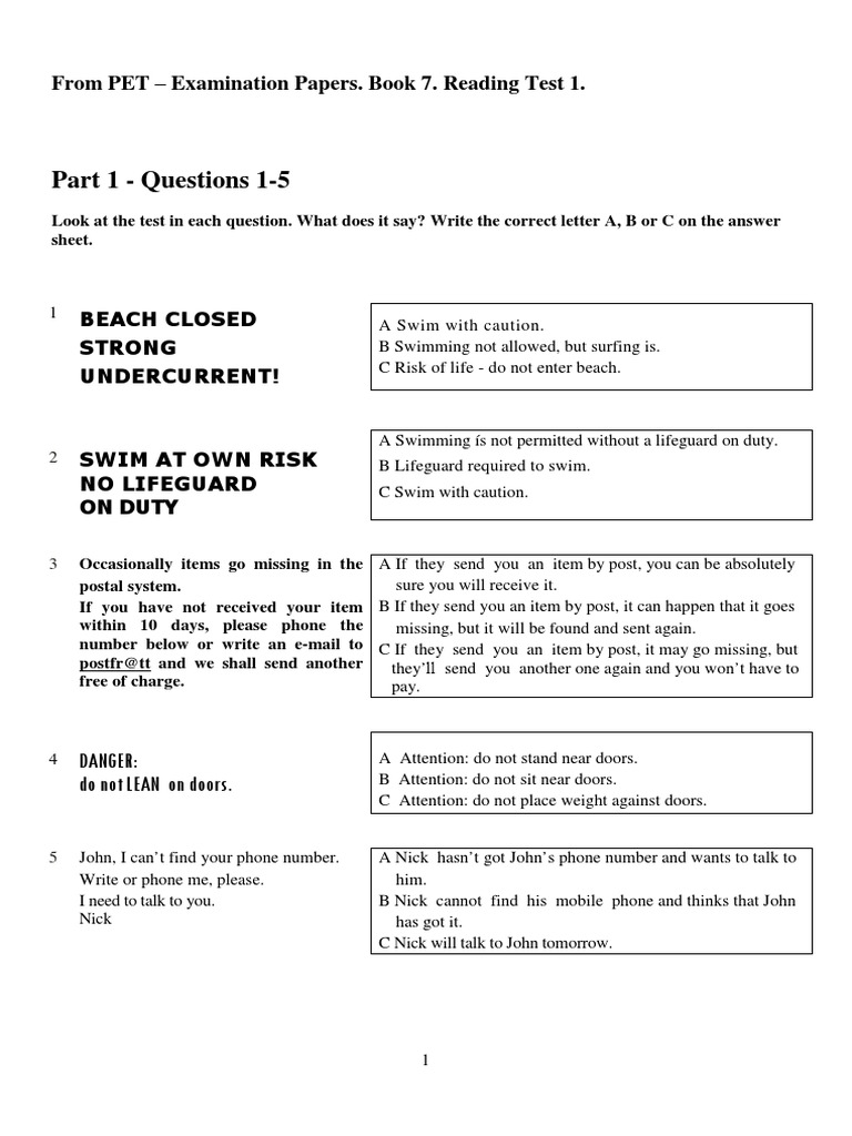 PET Reading Test 1: Questions & Tours | PDF | Social Science