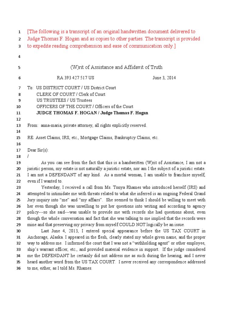 A Handwritten Writ of Assistance Affirming Sovereignty and Redemption ...