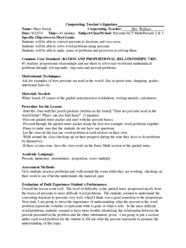 Percent Lesson Plan | PDF | Fraction (Mathematics) | Percentage