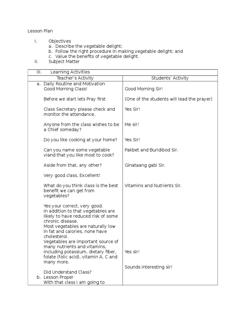 Lesson Plan | PDF | Vitamin | Vegetables