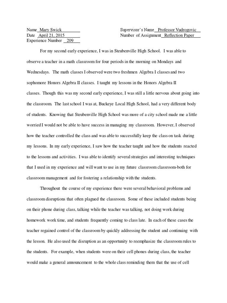 reflection paper 209 | Classroom Management | Classroom