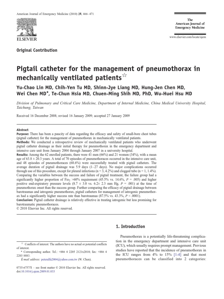 1 Pigtail Catheter For The Management of Pneumothorax in Mechanically ...