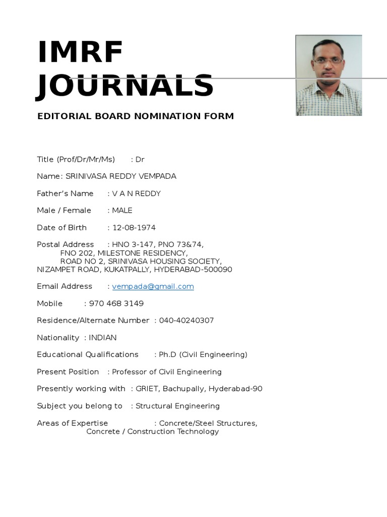 Imrf Journals: Editorial Board Nomination Form | PDF