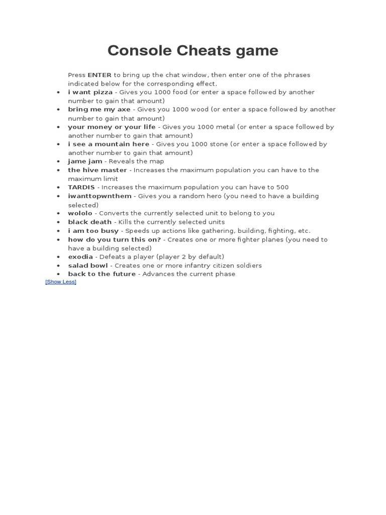 Console Cheats Game: (Show Less) | PDF