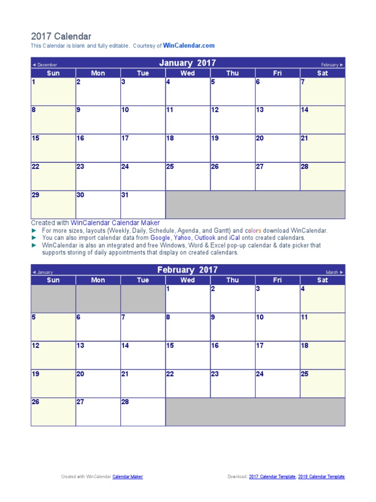 Editable 2017 Calendar Template | PDF | Computing Platforms | Computer ...