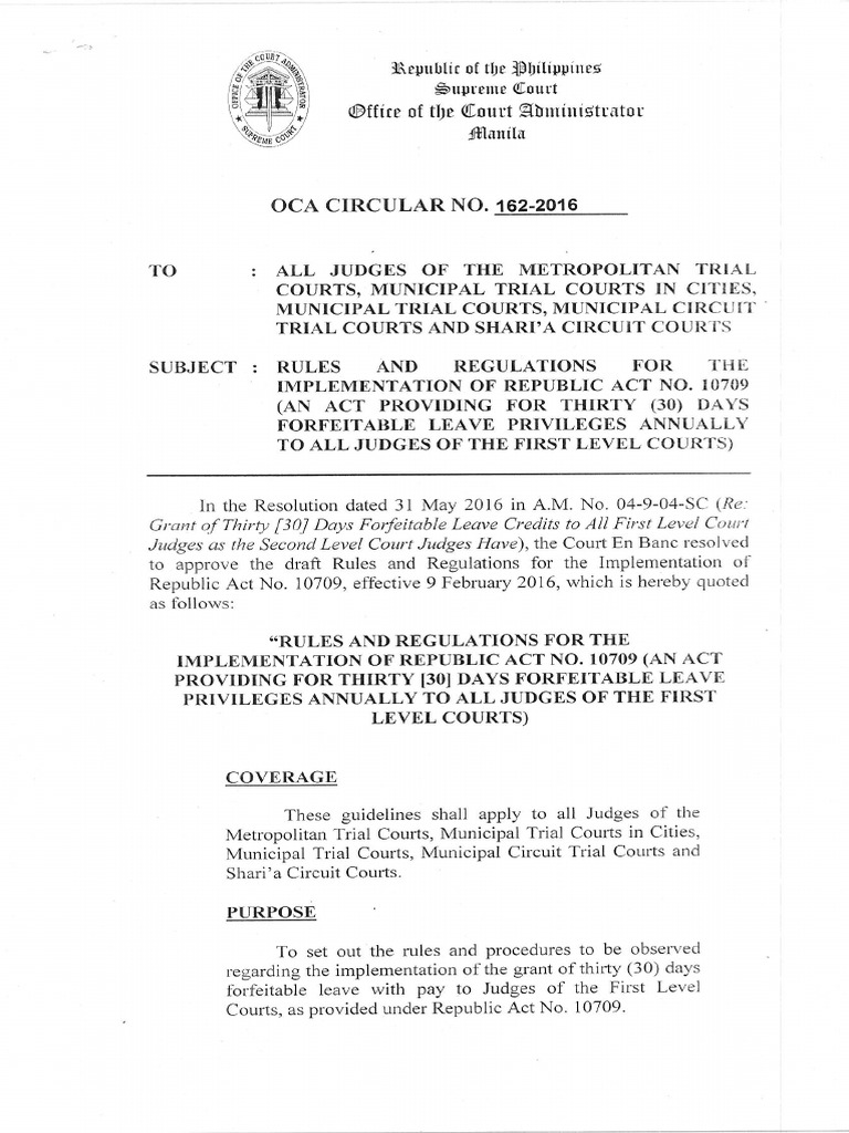 OCA Circular No. 162 2016 IRR Forfeitable Leave