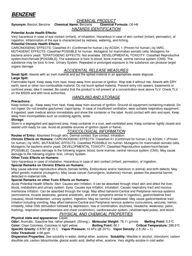 Benzene MSDS | PDF | Toxicity | Benzene