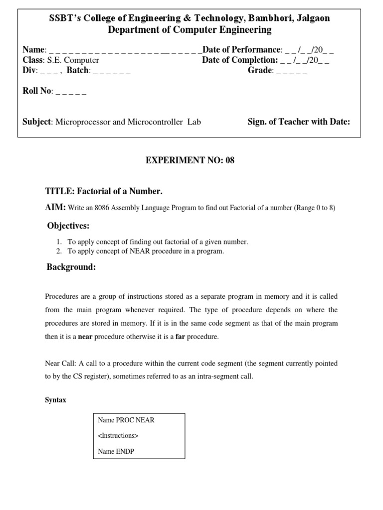 08 Lab Manual - Program To Find Out Factorial of A Number | PDF | Subroutine | Instruction Set