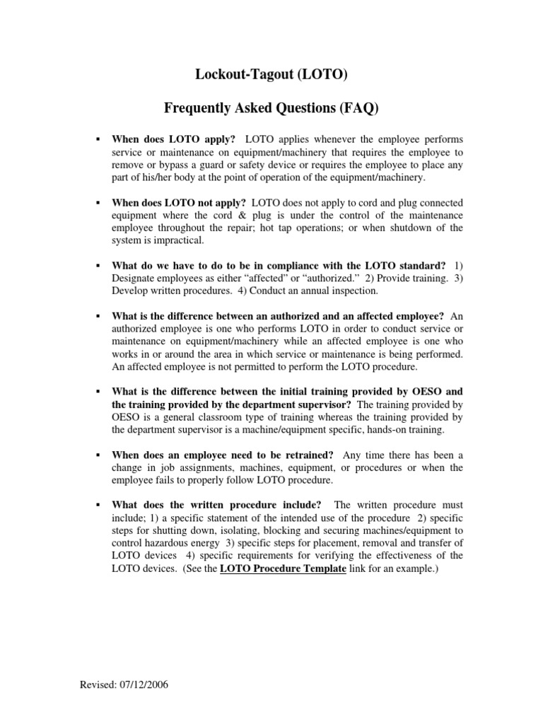 Lockout-Tagout (LOTO) Frequently Asked Questions (FAQ) | PDF | Safety ...