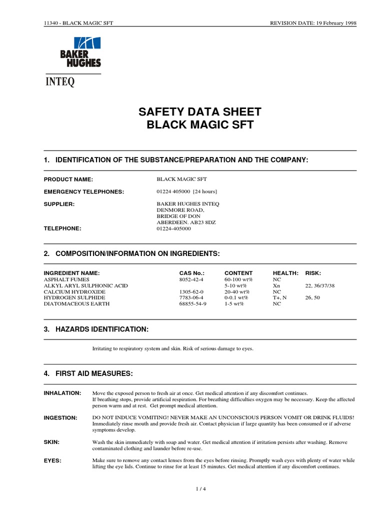 Safety Data Sheet Black Magic SFT: 1. Identification of The Substance ...