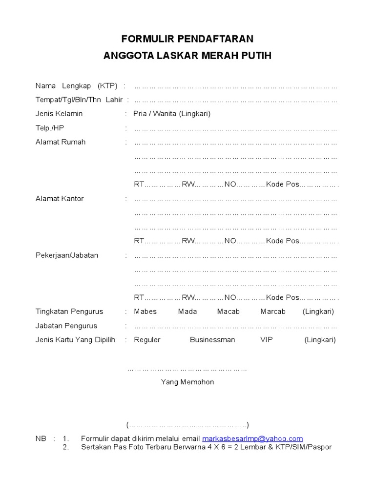 Formulir Pendaftaran Laskar Merah Putih | PDF