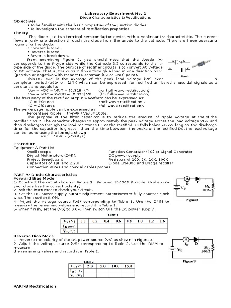 Laboratory Experiment No. 1 Objectives | PDF | Rectifier | Diode