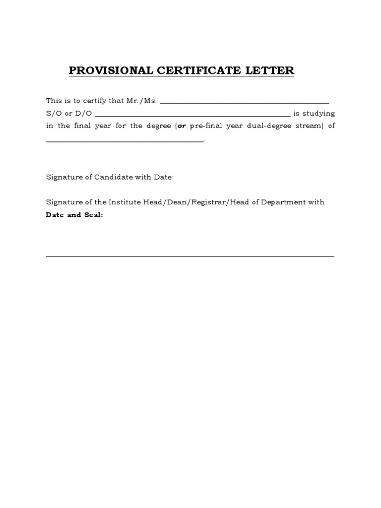 Provisional Certificate Letter Template | PDF